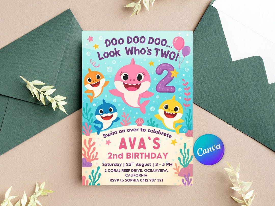Baby Shark 2nd Birthday Invitation | Editable Girl Baby Shark Birthday ...