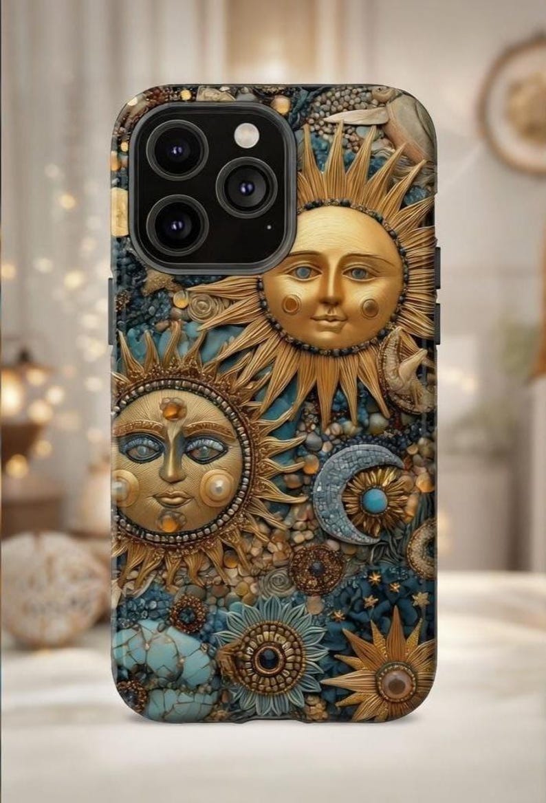 Celestial Sun Moon Face Phone Case Gold Blue Mystic Art Luxury ...