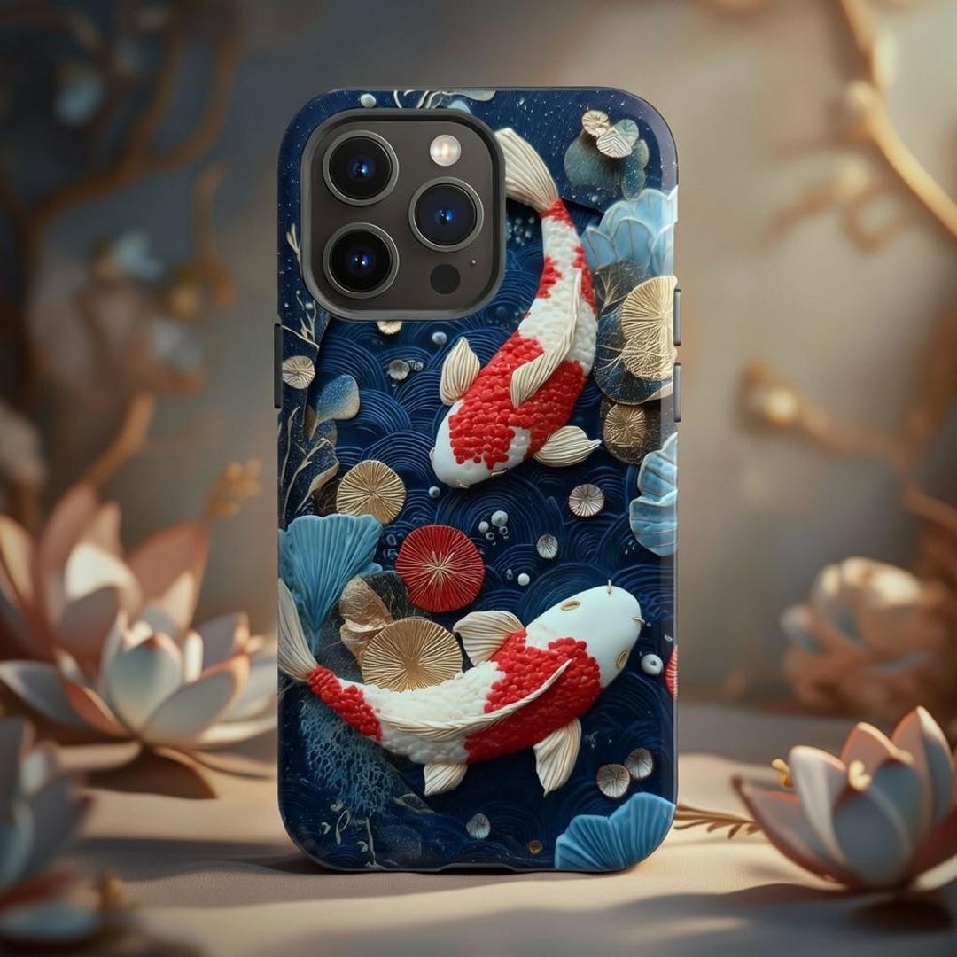 Koi Fish Phone Case Navy Blue Gold Japanese Art Elegant Ocean Aesthetic ...