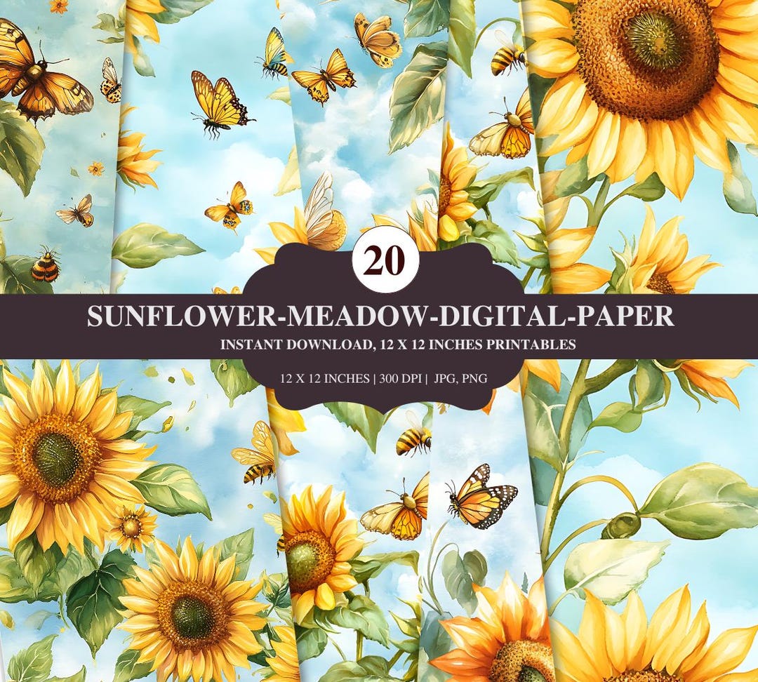Sunflower Meadow Digital Paper, Printable Background, Floral Scrapbook ...