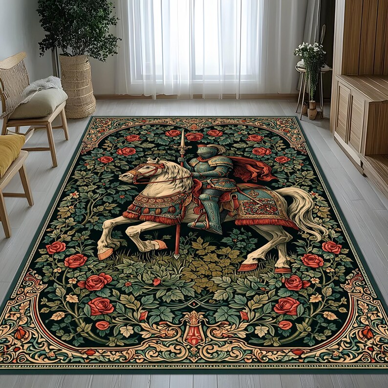 Medieval Knight Rug, Floral Rose Garden, Vintage Tapestry Style - Etsy