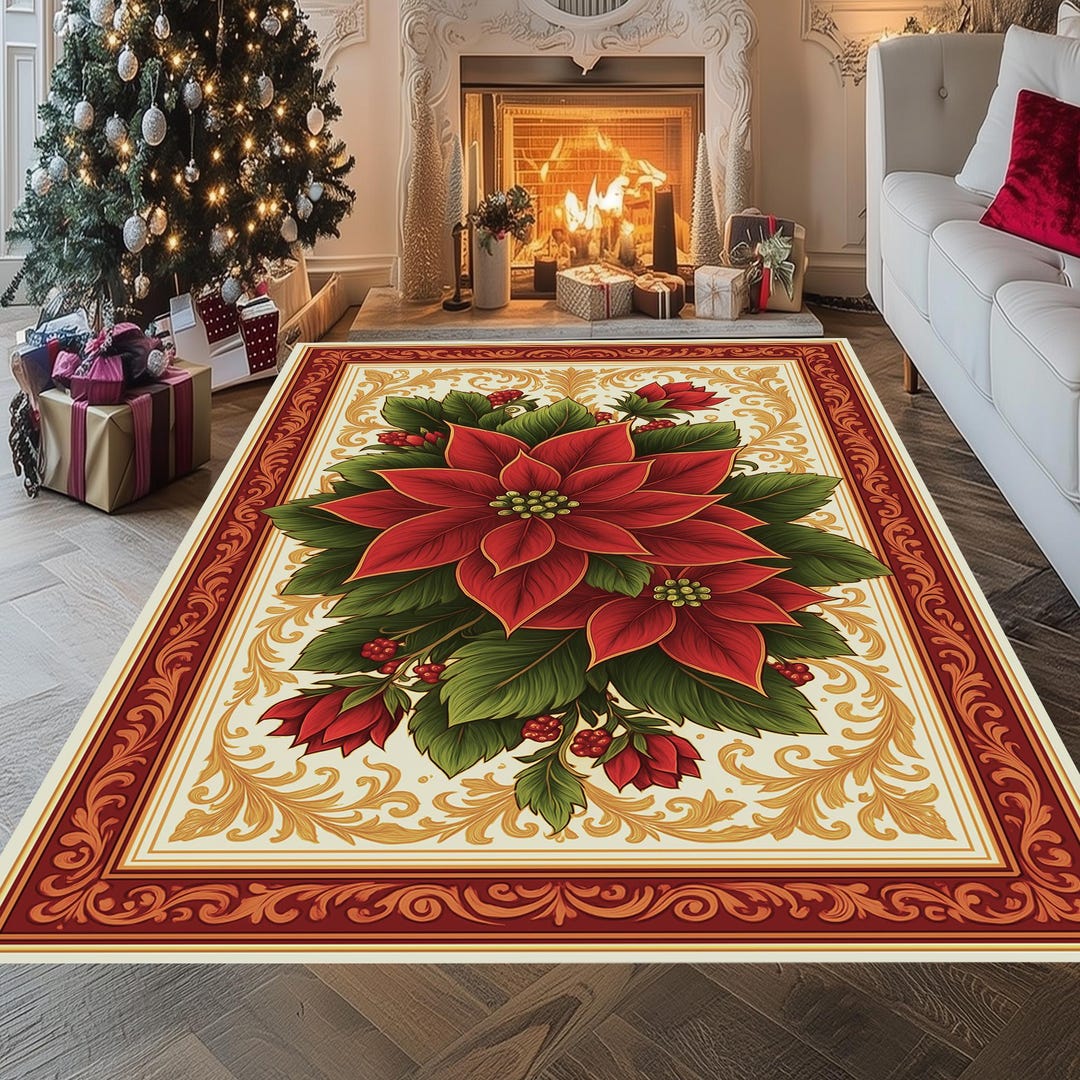 Cream Poinsettia Christmas Area Rug: Festive Holiday Decor - Etsy UK