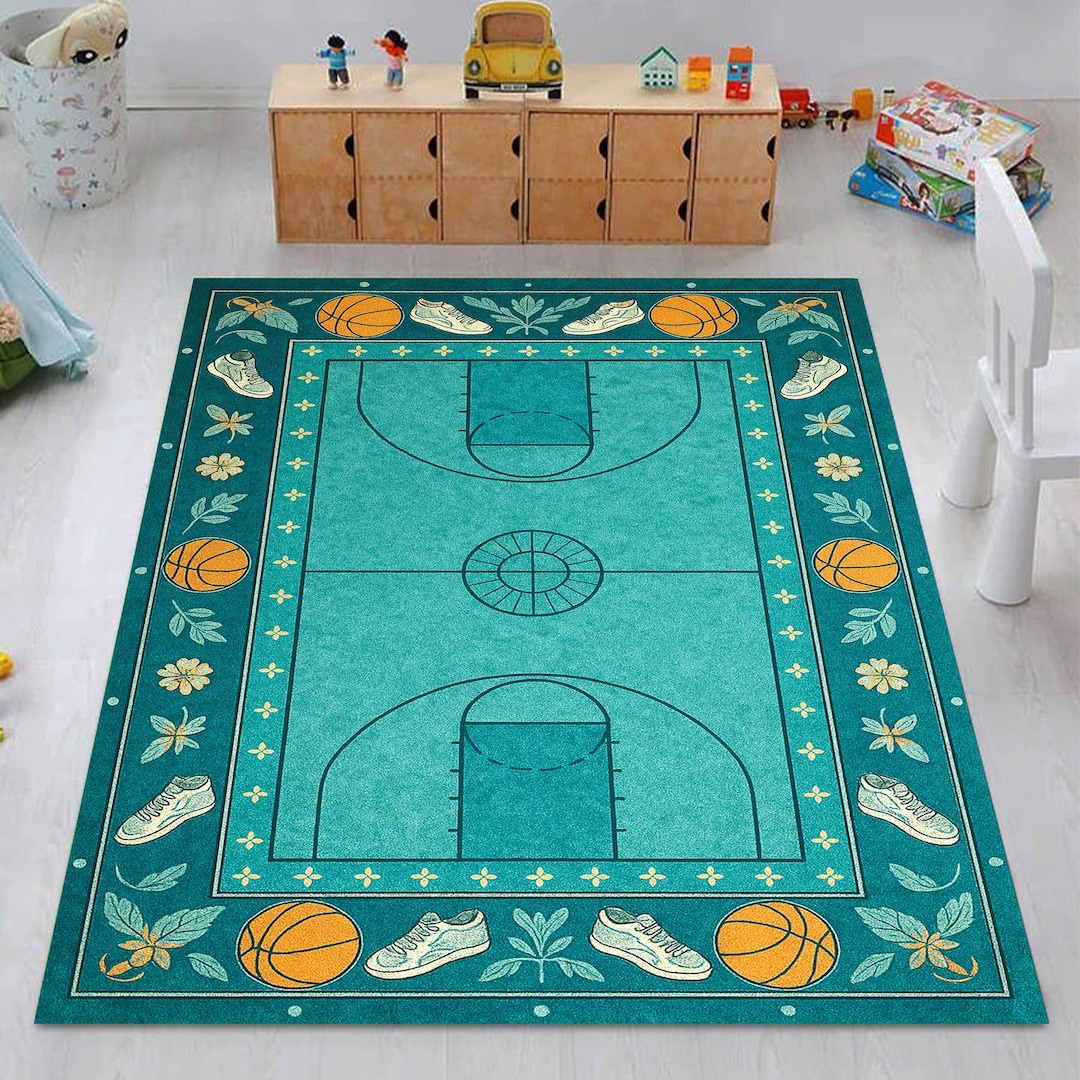 Teal Basketball Court Rug: Kids Sports Room Decor - Etsy