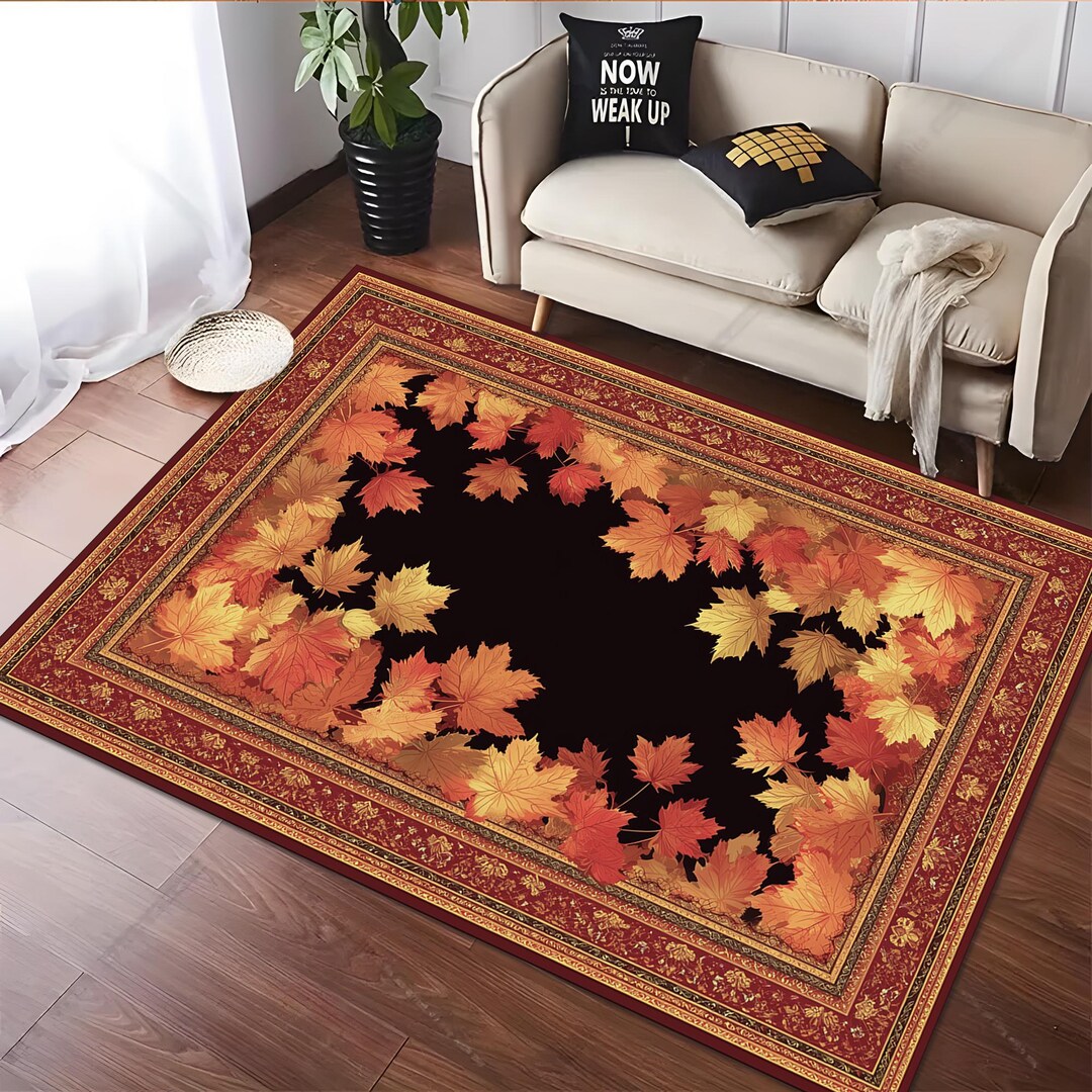 Autumn Leaves Rug, Ornamental Gold Frame Fall Rug, Gold Frame Oak Leaf ...