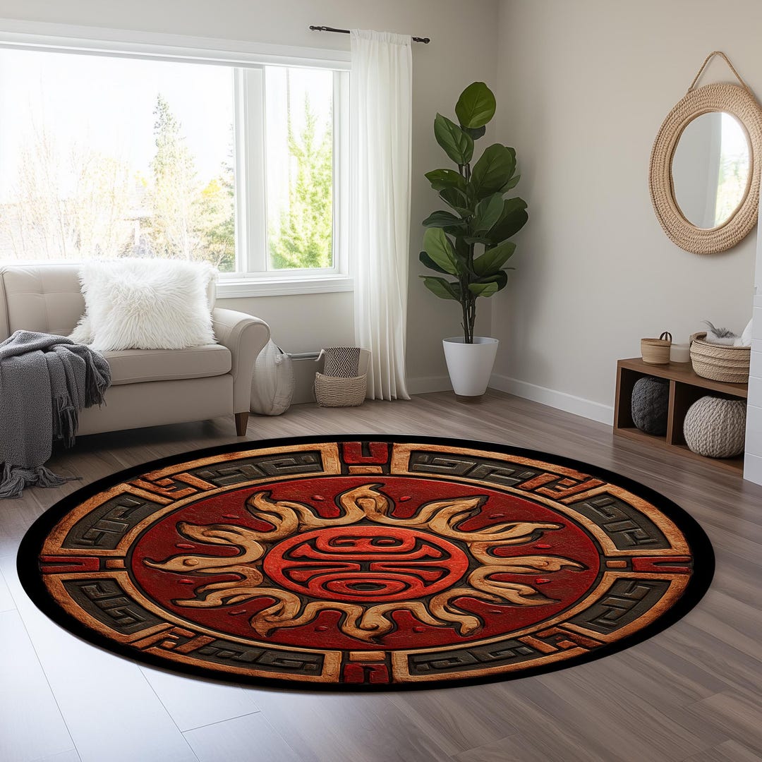 Round Aztec Sun Rug, Tribal Symbol Rug, Round Medallion Rug, Ethnic ...