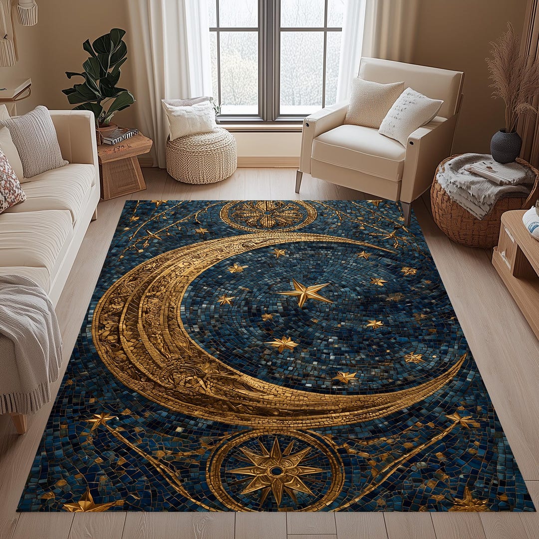 Moon Tarot Card in Ornate Tile Mosaic Crescent Area Rug, Celestial Moon ...