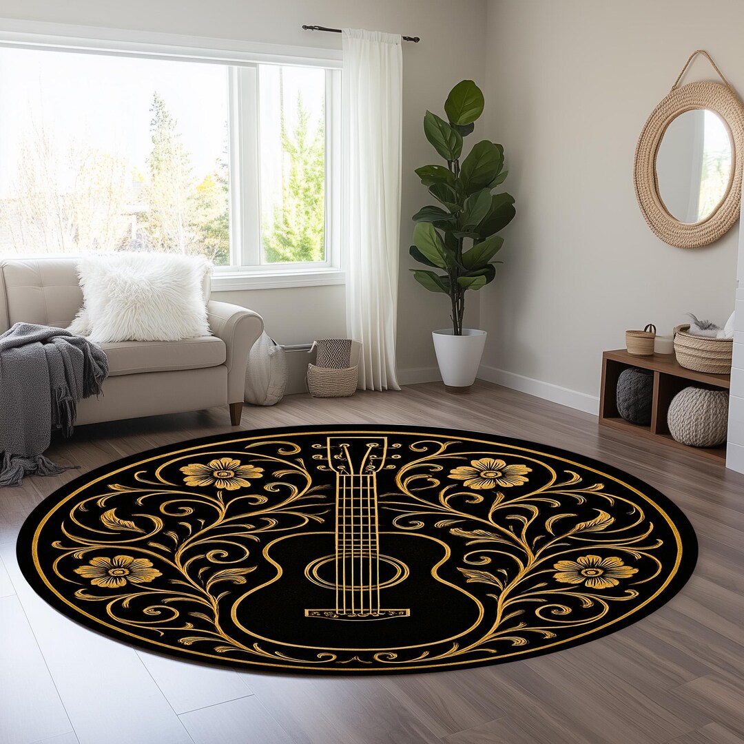 Round Guitar Rug: Golden Floral Motif, Music Room Decor - Etsy
