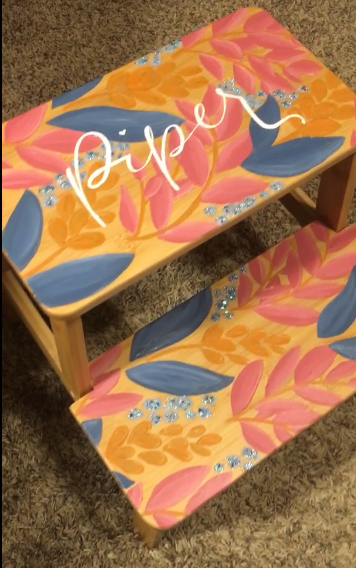 Stepstool, Hand Painted Floral and Glitter Step Stool, Kids' Wooden ...