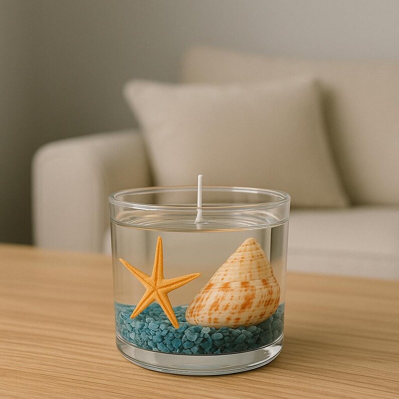 Ocean Candle With Seashells, Decorative Gel Candle, Beach Themed Home ...