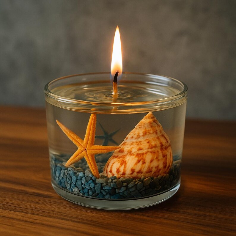 Ocean Candle With Seashells, Decorative Gel Candle, Beach Themed Home ...
