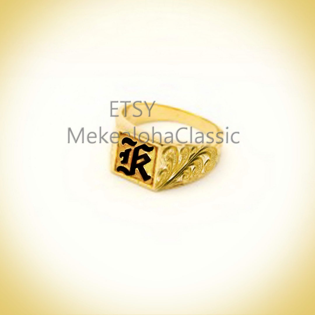 8mm Hawaiian Heirloom Signet Initial Ring 14k Gold Black Enamel Letter ...