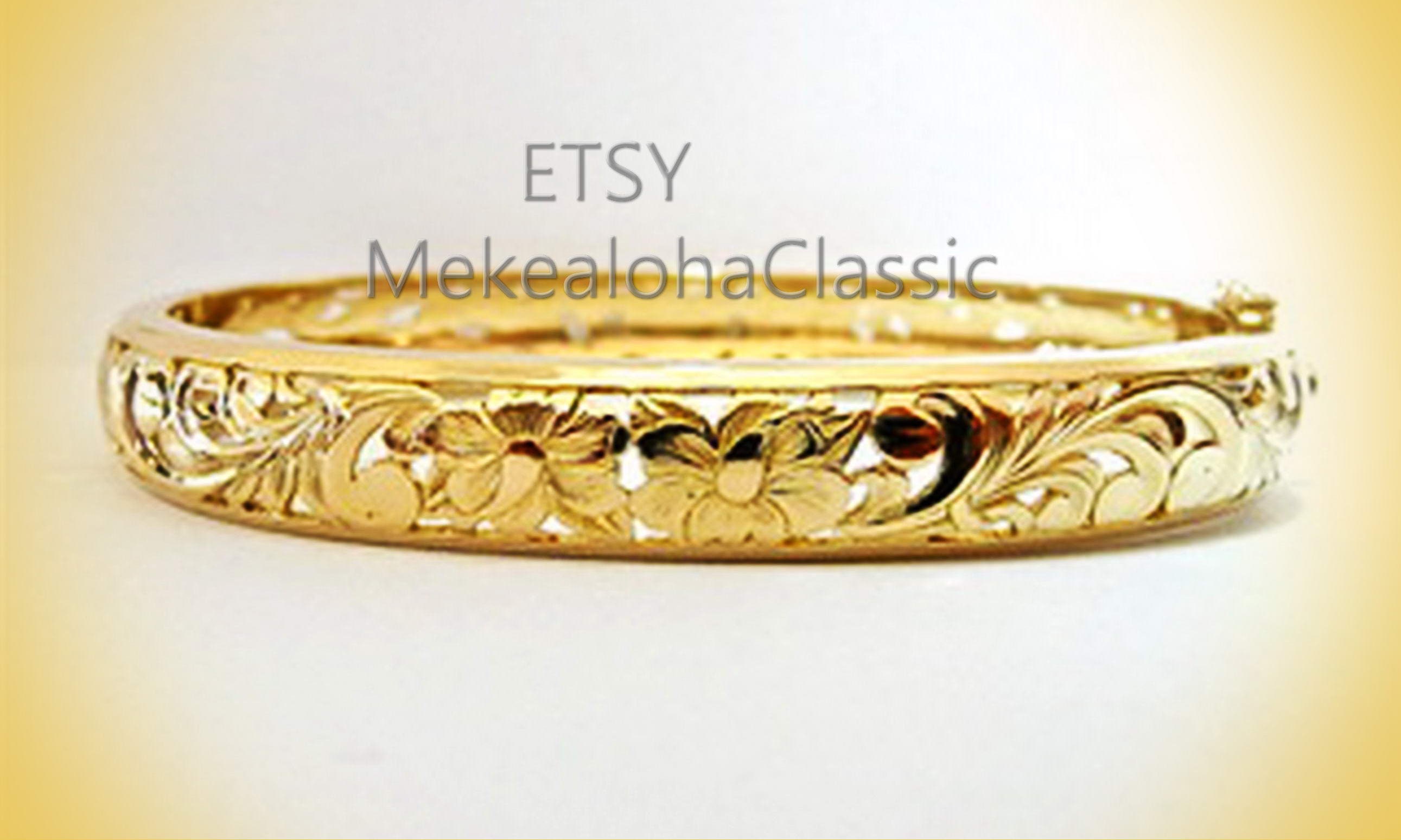 14k Gold Hawaiian Heirloom Bracelet 12mm Dome Hinged Cutout Scrolls W ...