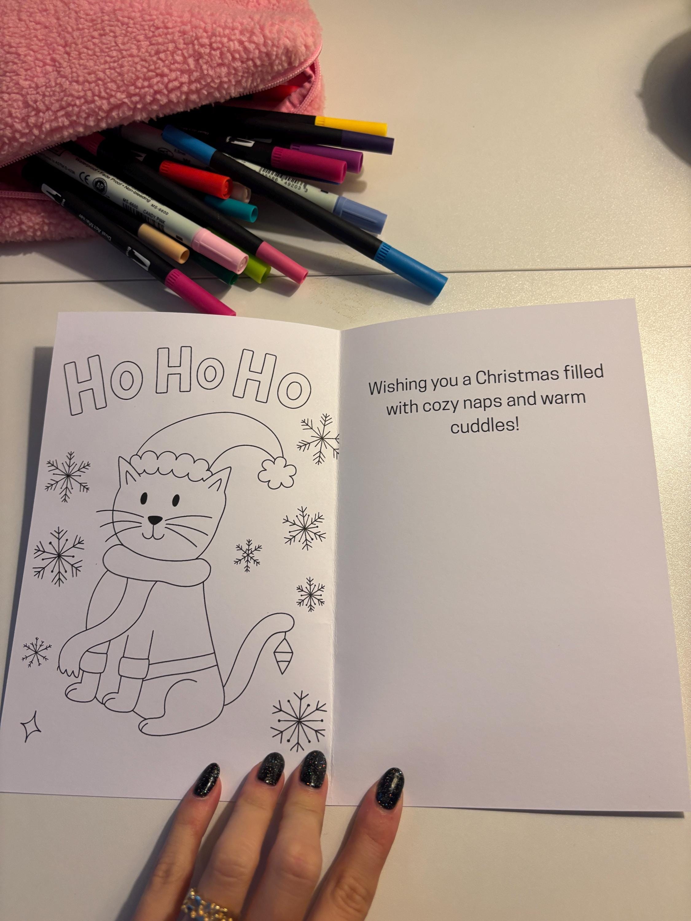 Cat Christmas Coloring Card – DIY Color Your Own Holiday Greeting Card ...