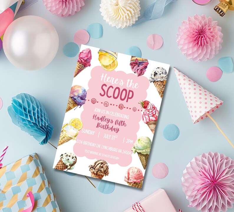 Editable “here’s the Scoop” Birthday Invitation | Ice Cream Theme Party ...