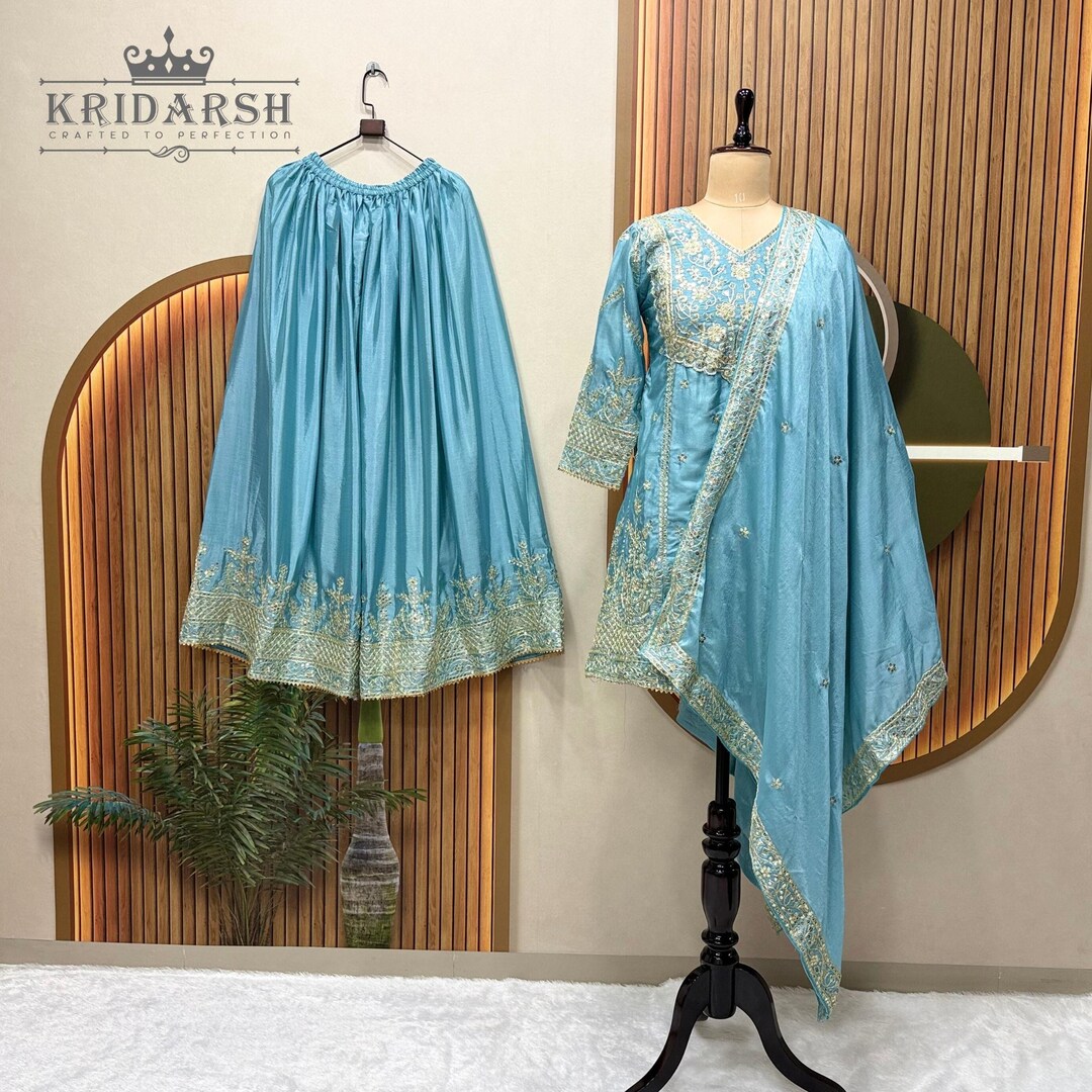 Sky Blue Sharara Suit With Gold Embroidery, Pakistani Wedding Guest ...