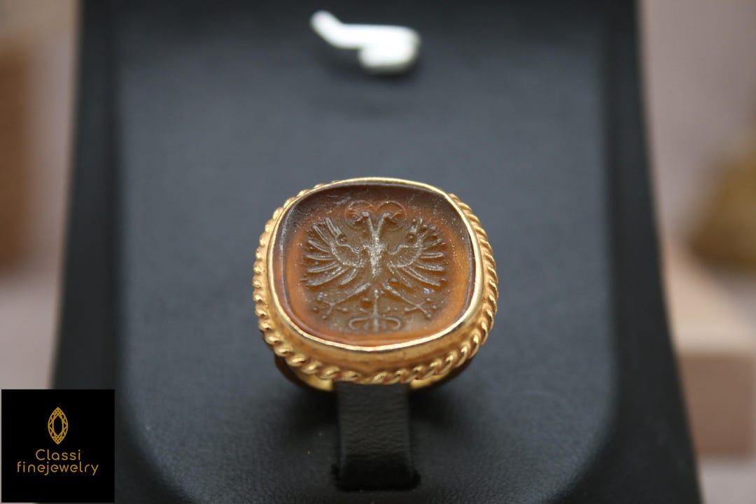 Gold Plated Double Eagle Intaglio Ring – Amber Intaglio Glass, Handmade ...