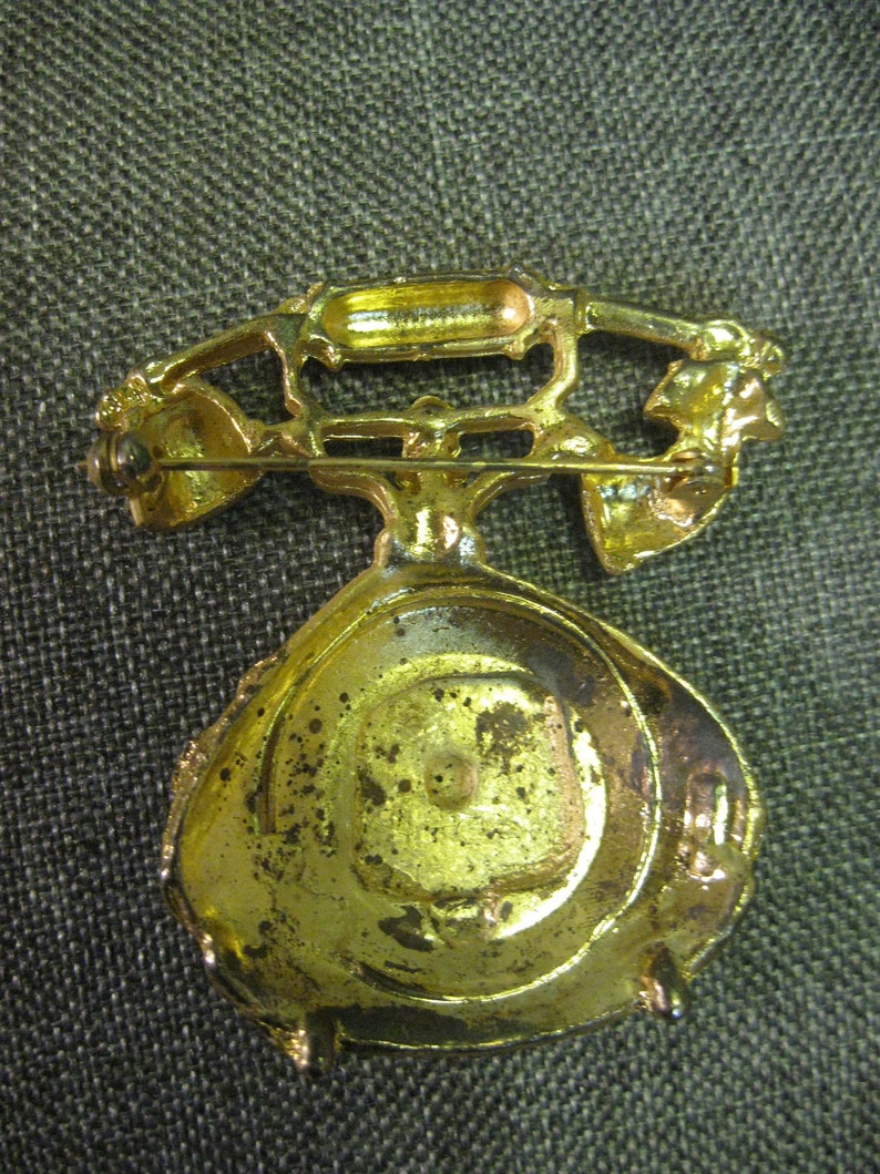 Jewelry Brooch Antique Rotary Telephone Gold Tone Metal Rose Details ...