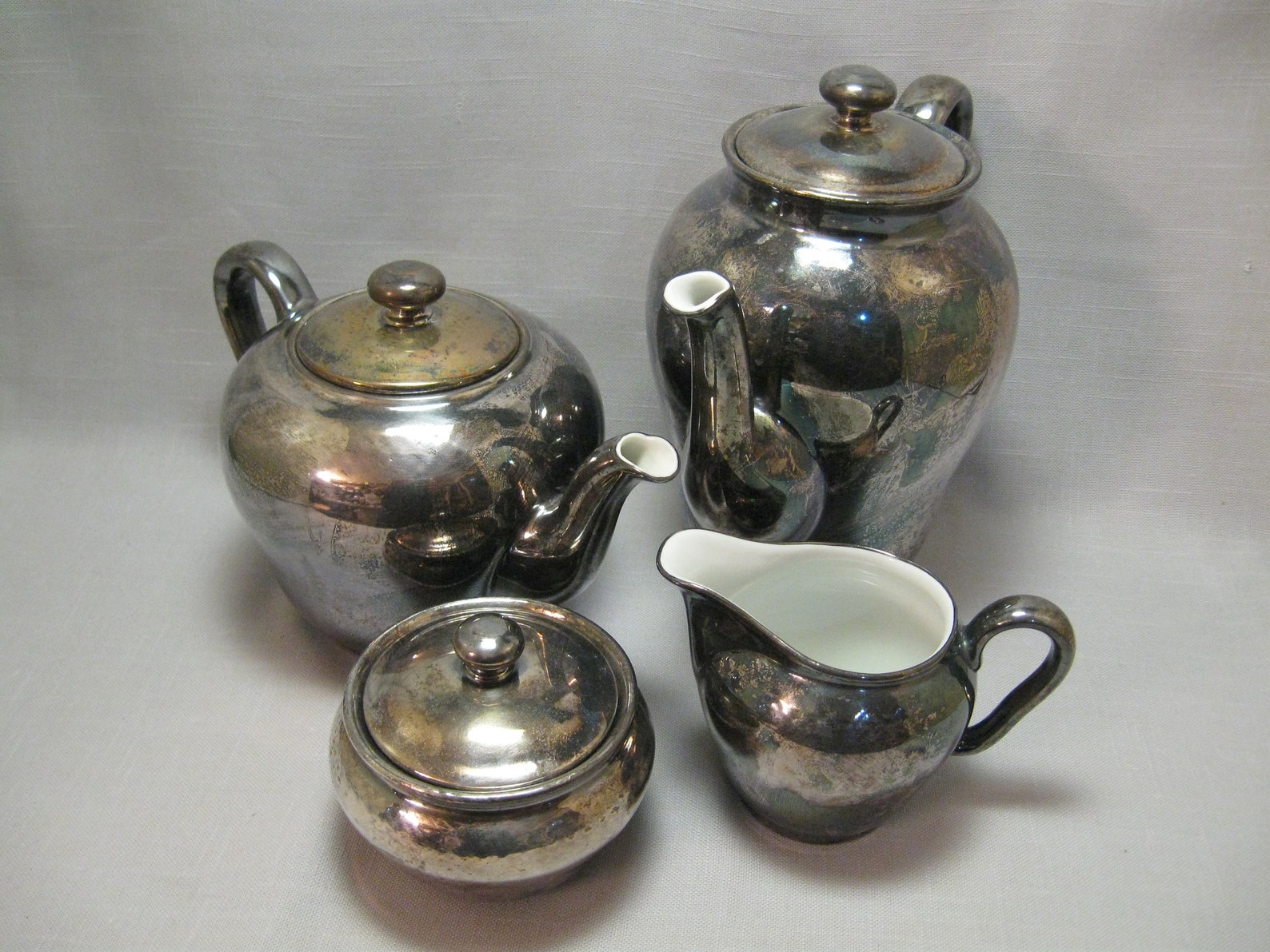 Tea Pot Set Silver Plate Over White Porcelain 2 Tea Pots Creamer Sugar ...