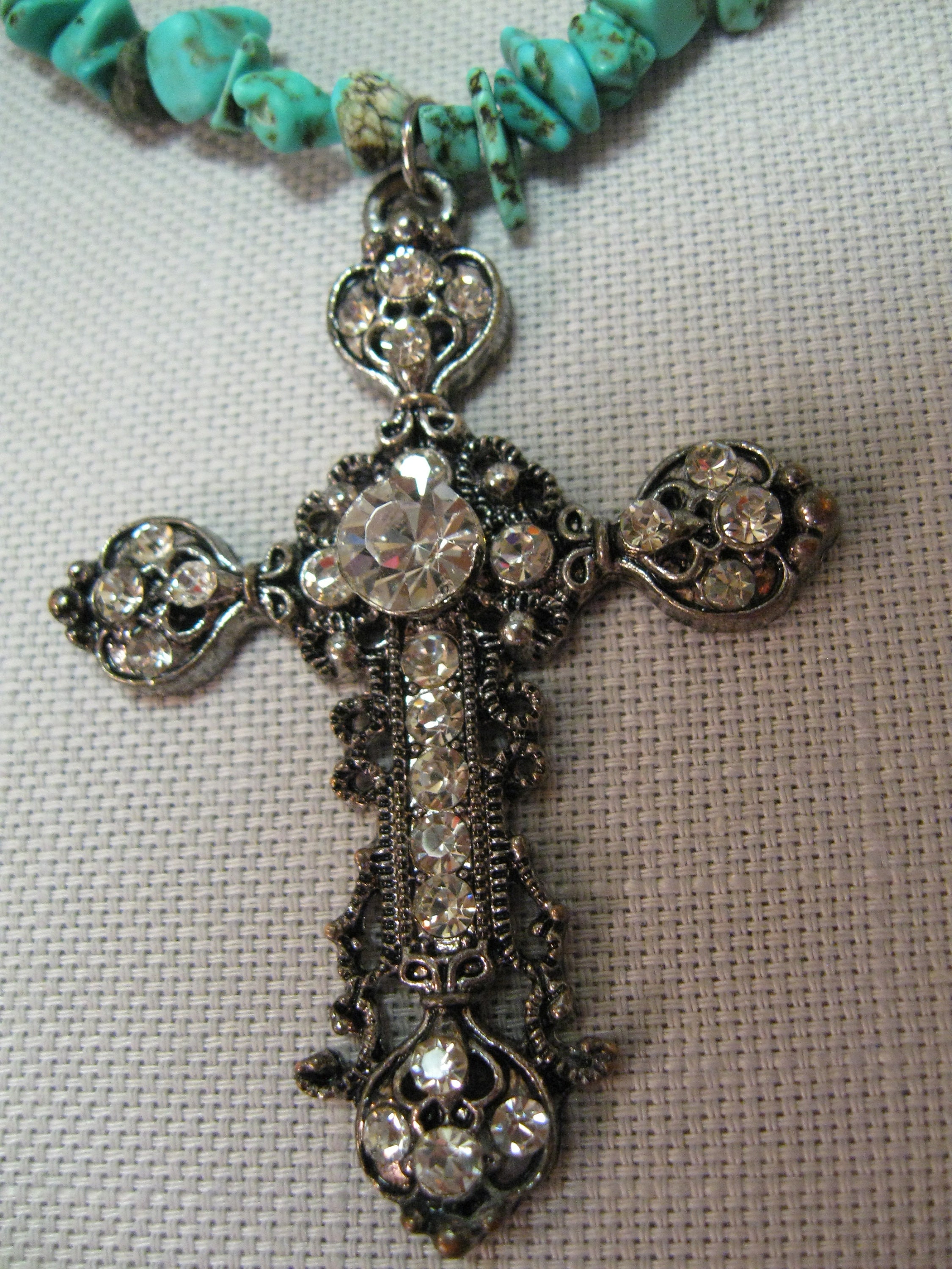 Necklace Religious Filigree Pendant Cross Antique Silver Tone Crystal ...