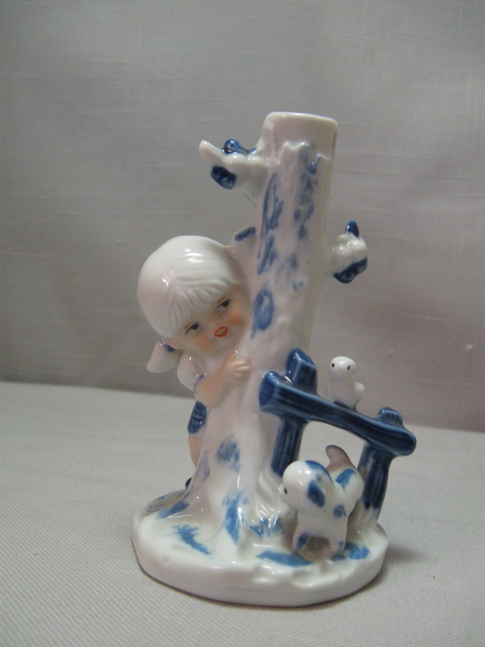 Figurine Set Porcelain Bud Vase Boy on Tree Puppy Pulling His Pants ...