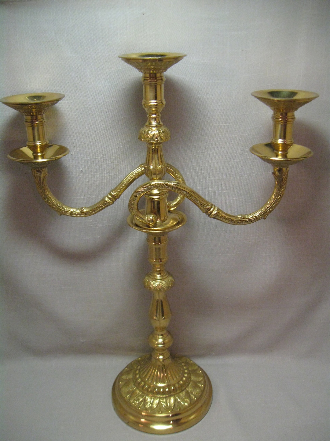 Candelabra Candle Stick Holder 3 Nozzles Gold Tone Baroque Leaf Designs ...