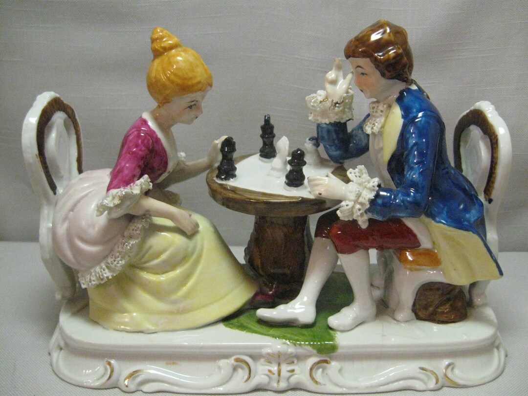 Figurine Porcelain Victorian Colonial Couple Playing Chess Art Lace ...