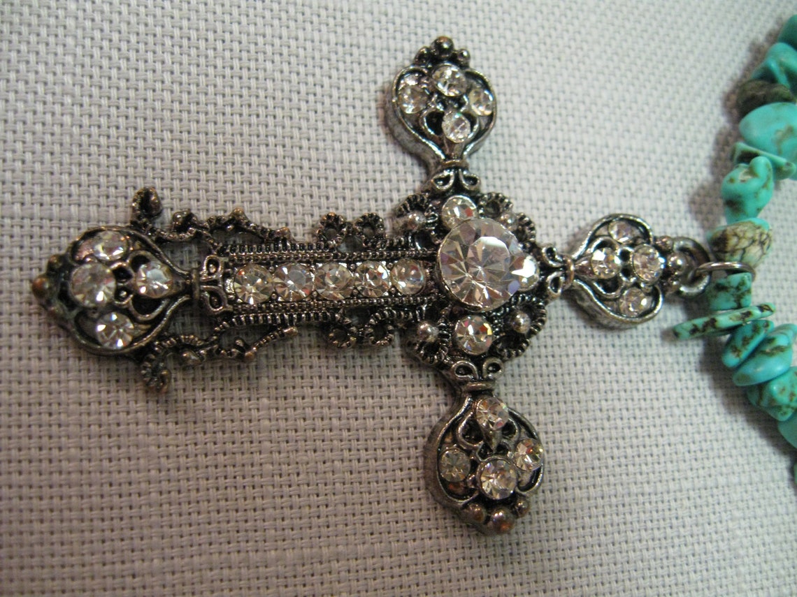 Necklace Religious Filigree Pendant Cross Antique Silver Tone Crystal ...