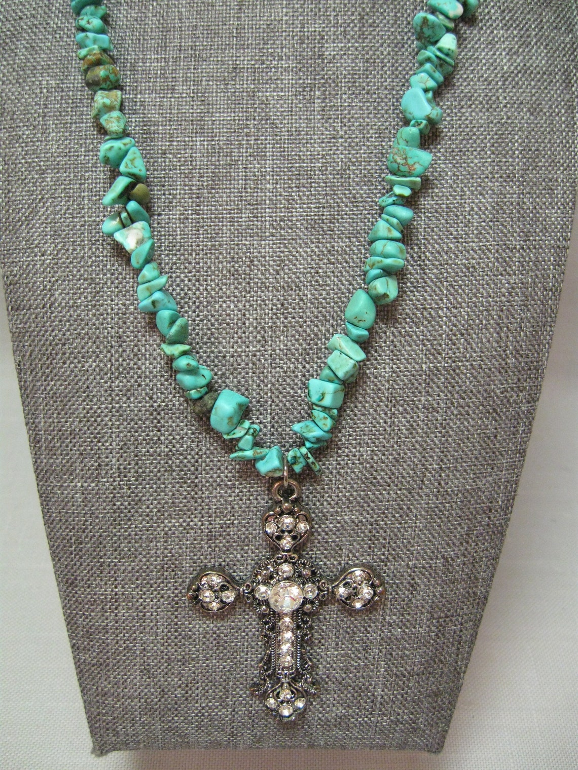 Necklace Religious Filigree Pendant Cross Antique Silver Tone Crystal ...