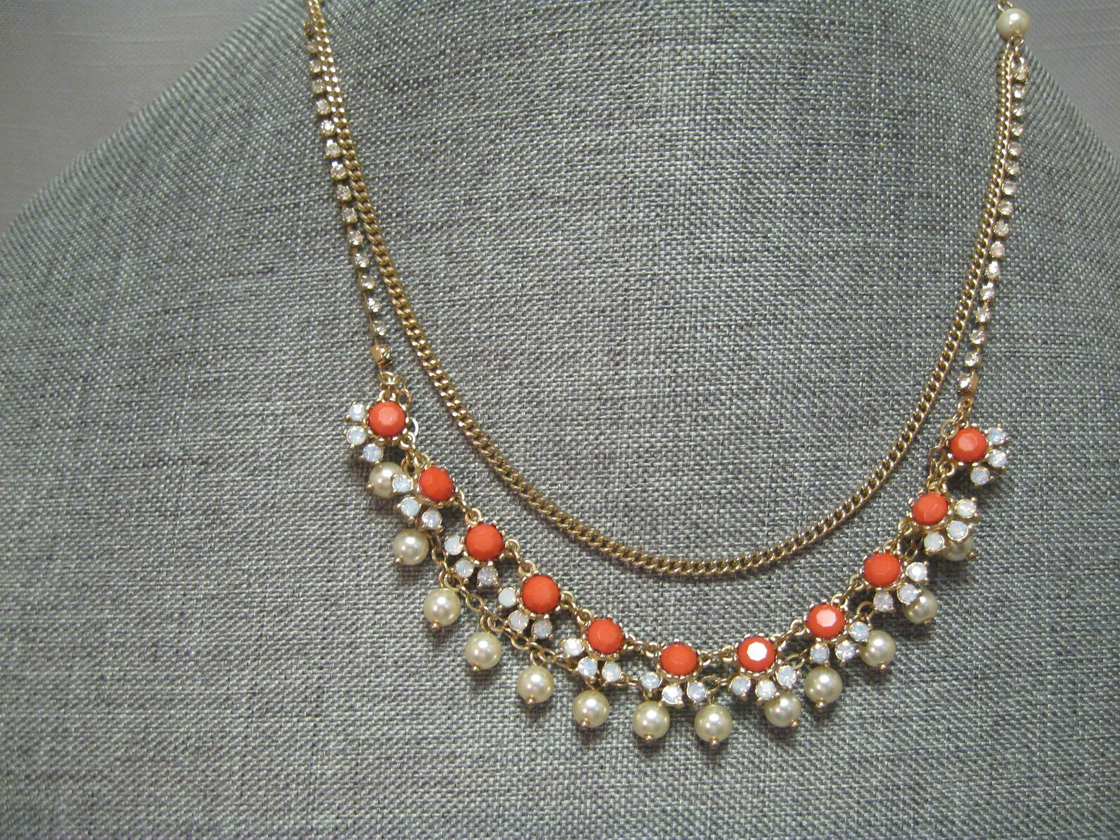 Necklace 3 Strands Gold Tone Chain Clear Rhinestones Faux - Etsy