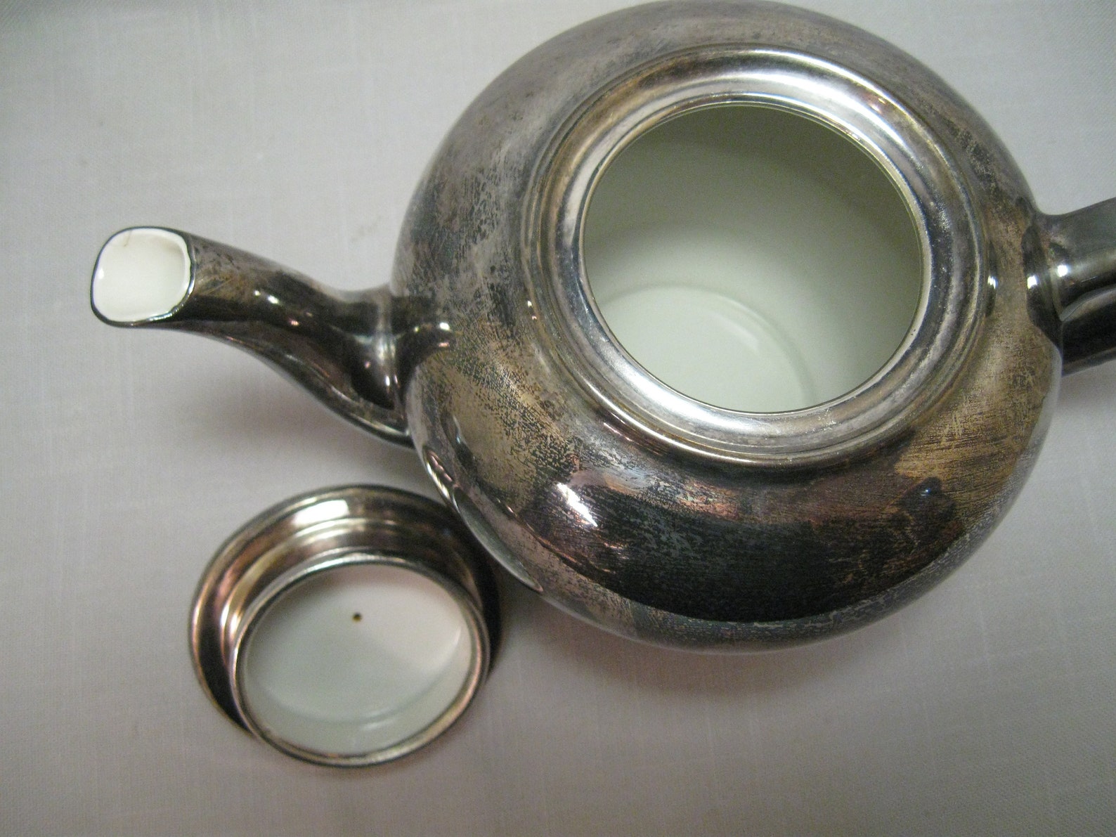 Tea Pot Set Silver Plate Over White Porcelain 2 Tea Pots Creamer Sugar ...