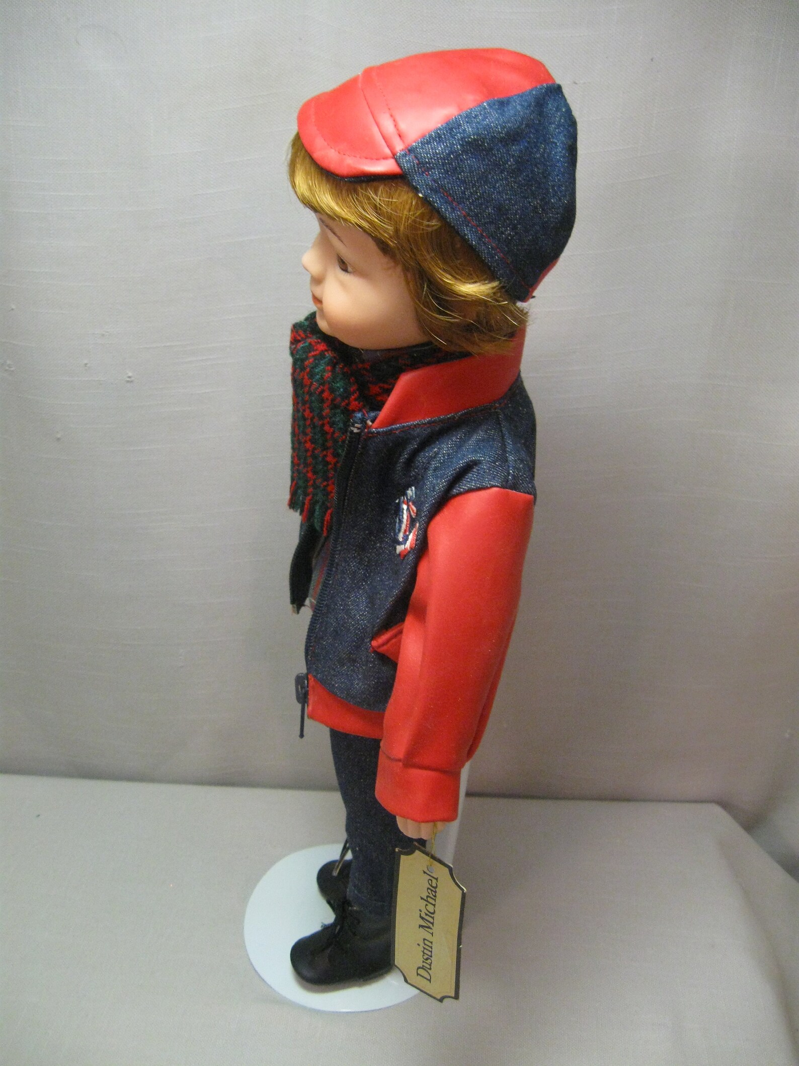 Doll Porcelain Male Boy Hazel Eyes Light Brown Hair Red Plastic Jean ...