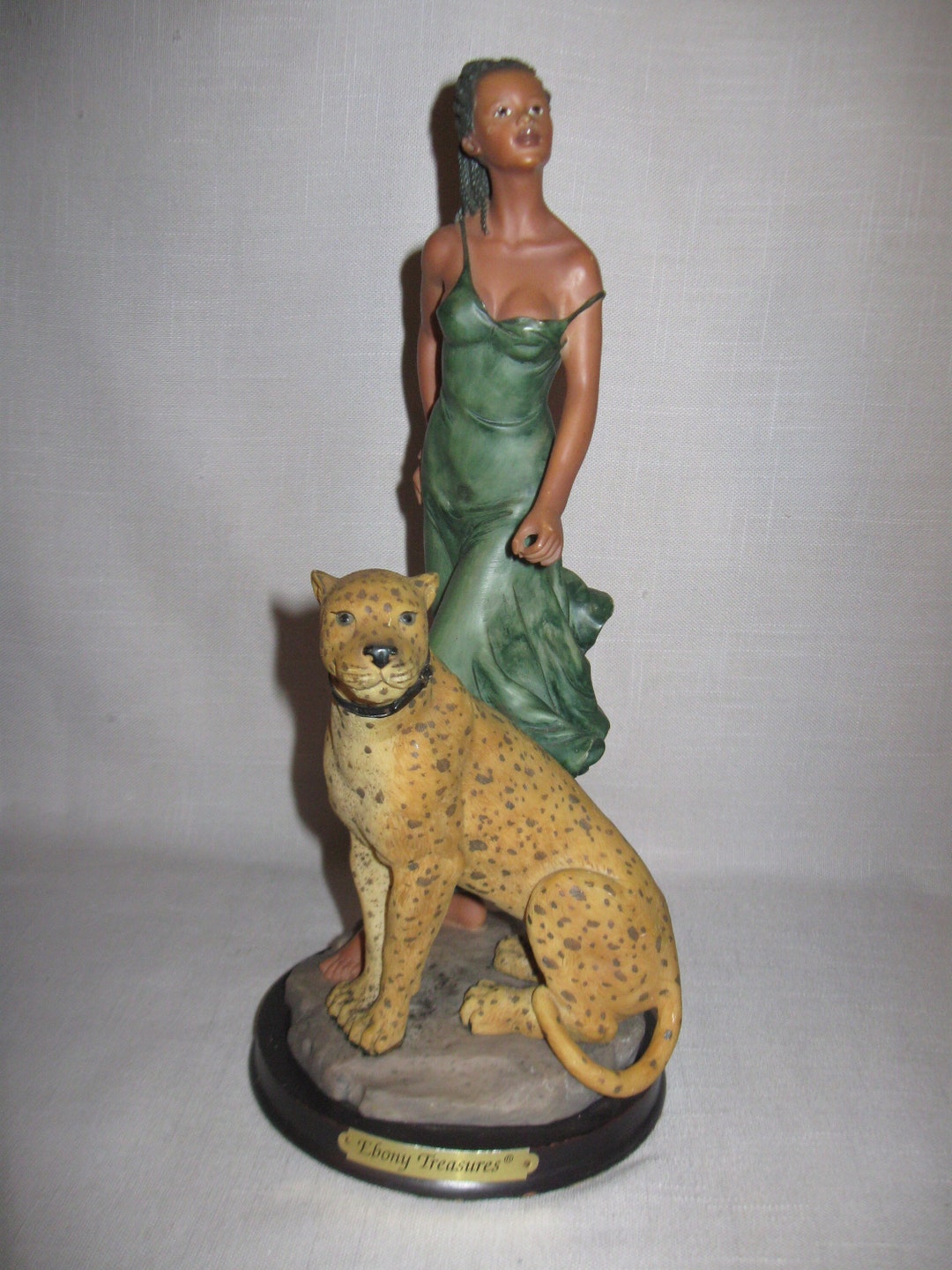 Figurine Statue African Lady With Cheetah on Wood Round Base Gold Tone ...