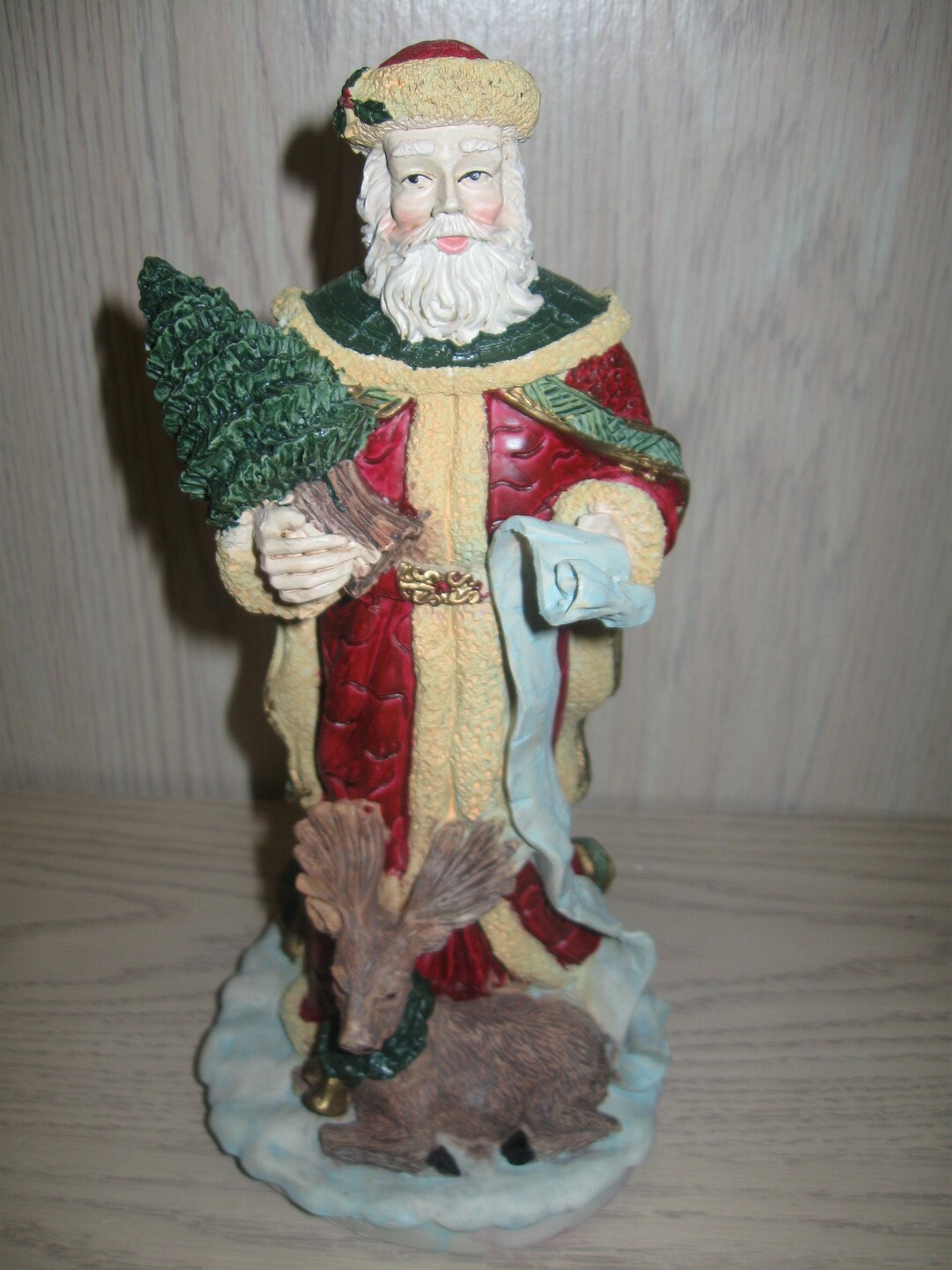 Holiday Christmas Figurine Statue Santa With List Tree in Hand Reindeer ...