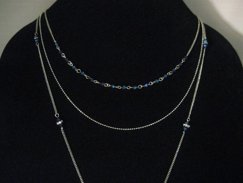 Jewelry Necklace Silver Tone 3 Strand Chain Dark Blue Beads Silver Tone ...