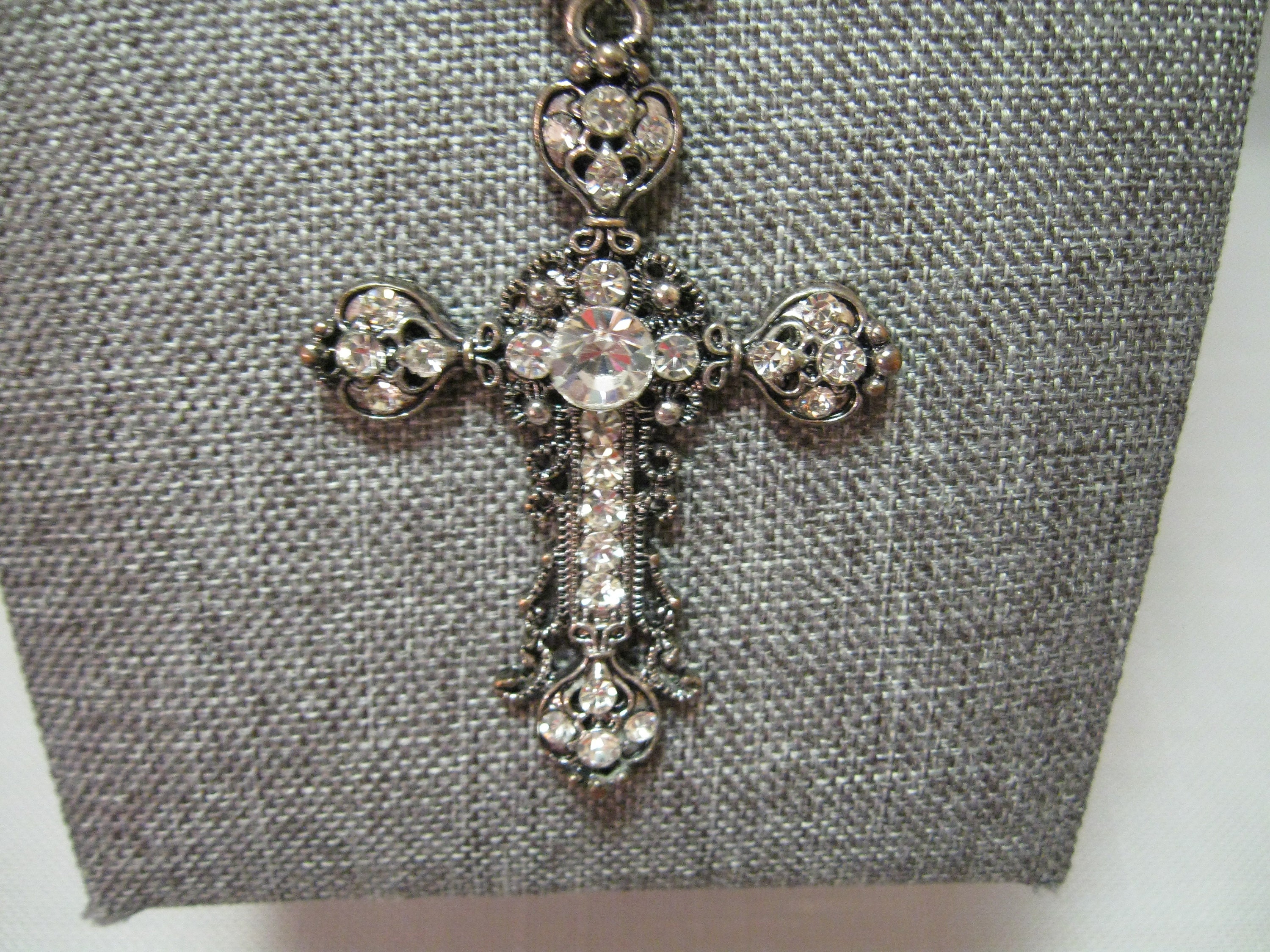 Necklace Religious Filigree Pendant Cross Antique Silver Tone Crystal ...