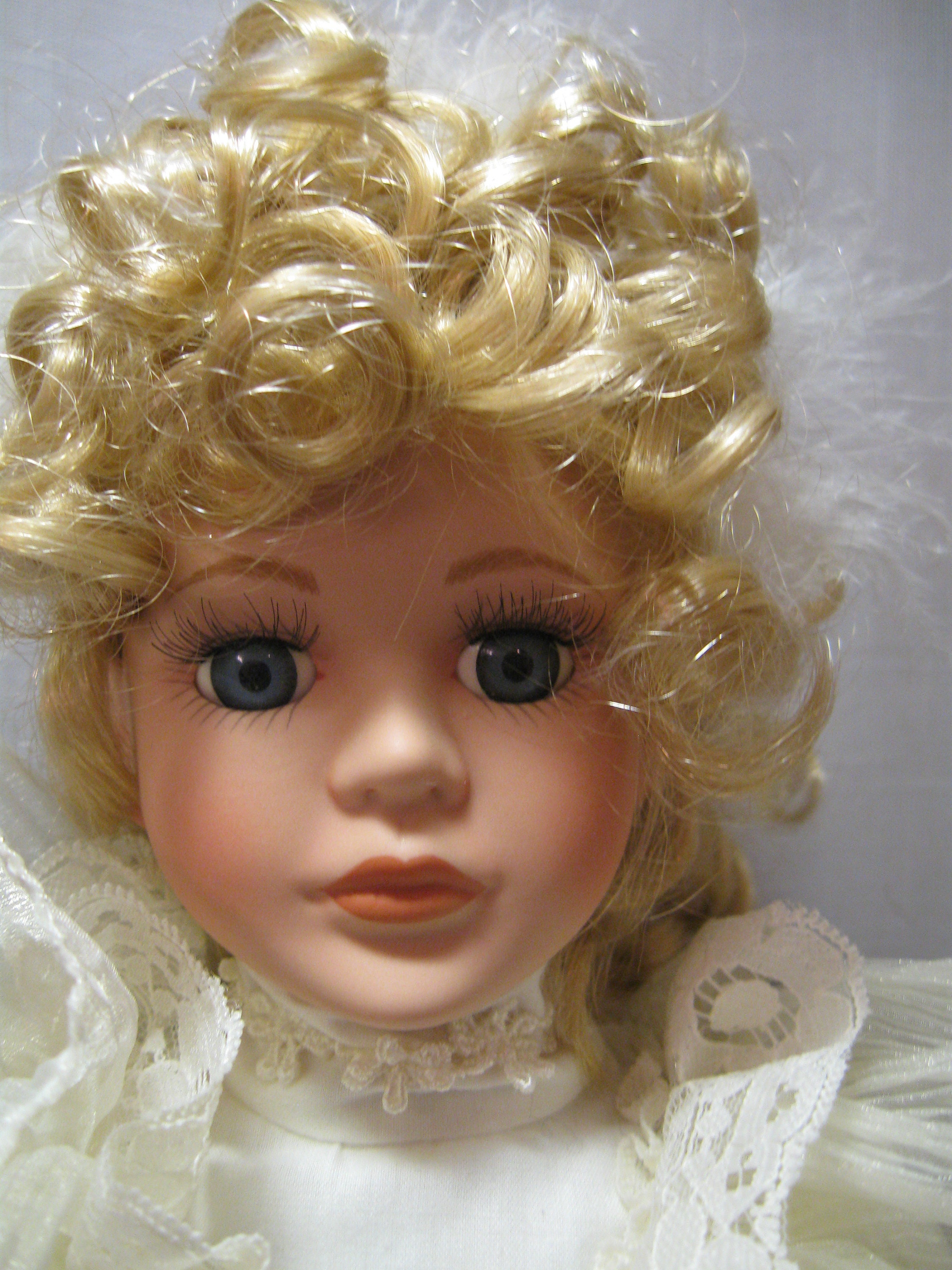 Doll Porcelain Blonde Curly Hair Ponytail Blue Eyes Long Lashes Soft Ivory Dress Layers Tulle Like Over White Cotton Ivory Shoes Not Sign Etsy Canada
