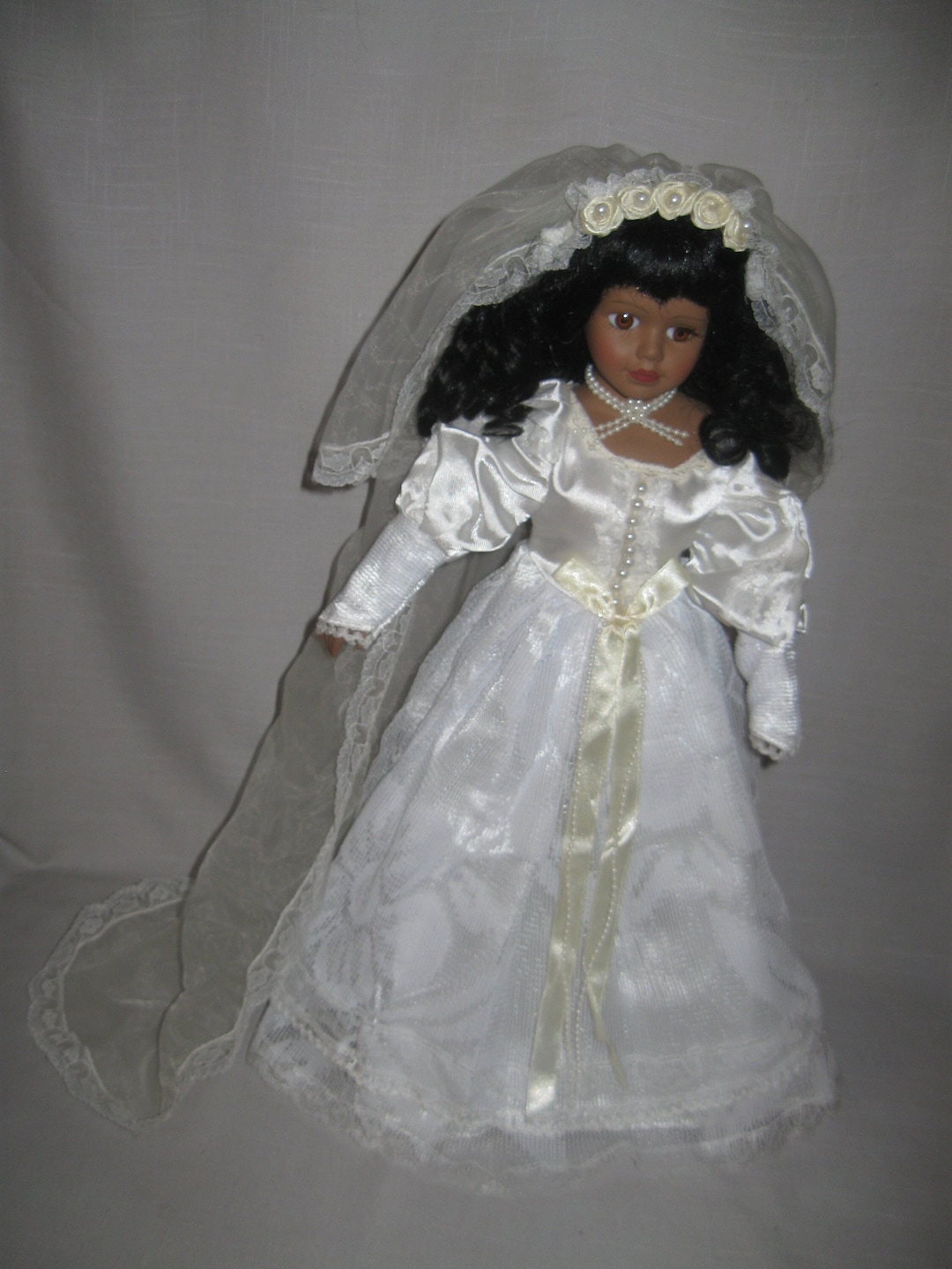 Doll Bisque Porcelain African American Bride Name Olga Long Veil Faux ...