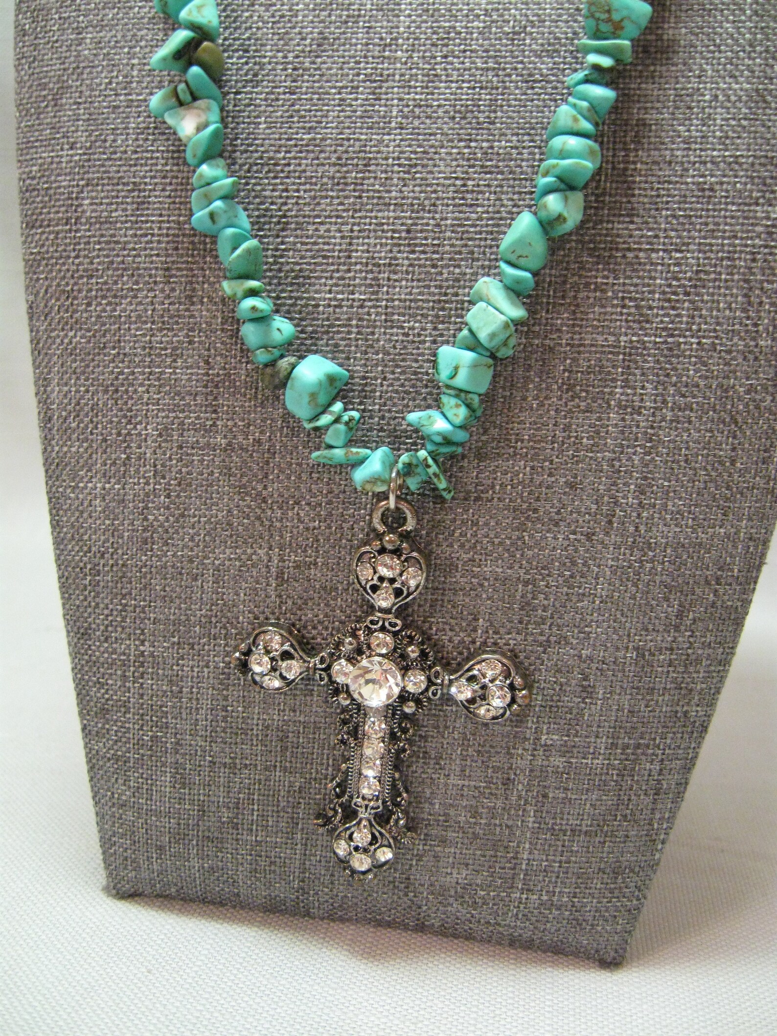 Necklace Religious Filigree Pendant Cross Antique Silver Tone Crystal ...