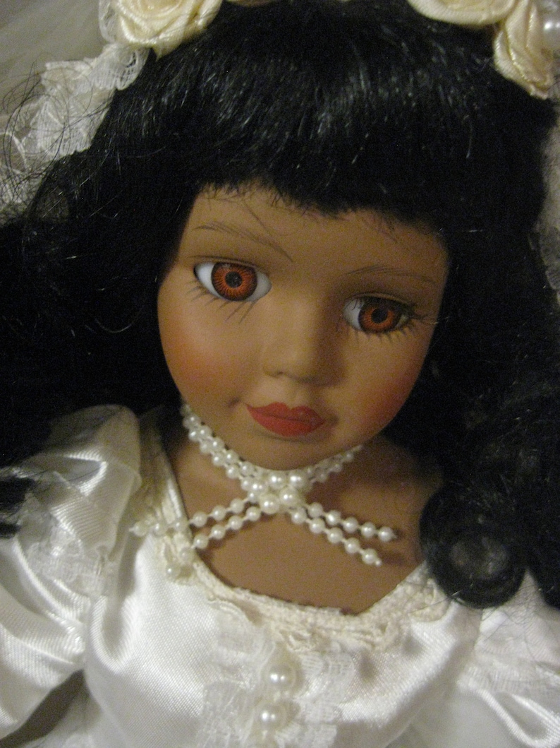 Doll Bisque Porcelain African American Bride Name Olga Long Veil Faux ...