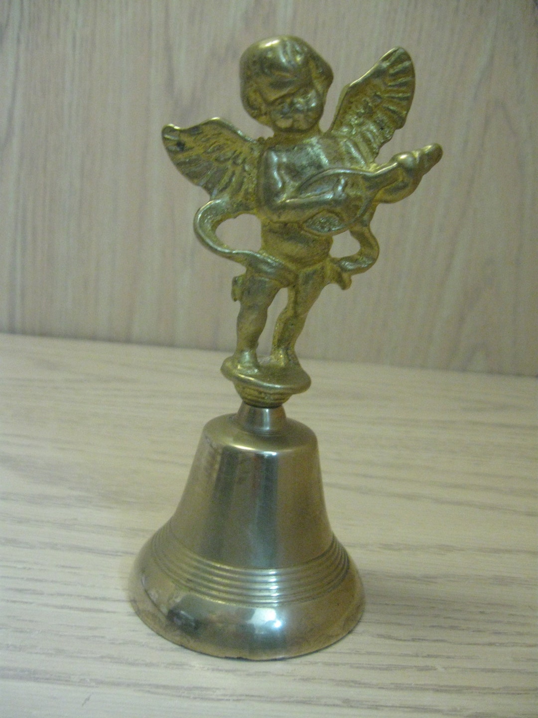 Brass Bell Figurine Angel Cherub Cupid Playing the Mandolin Gold Tone ...
