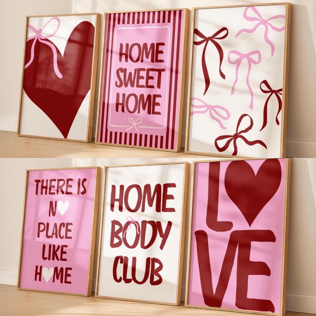 Pink and Red Wall Art Print Set of 6 | Cute Home Decor Bundle | Digital ...