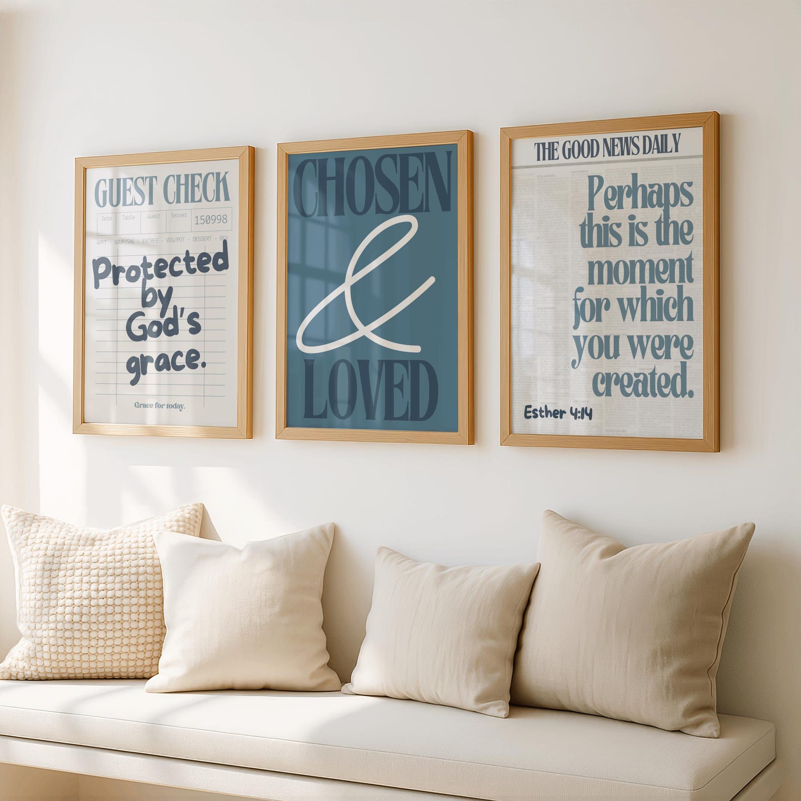 Blue Christian Wall Art Set of 3 | Bible Verse Prints | Chosen & Loved ...