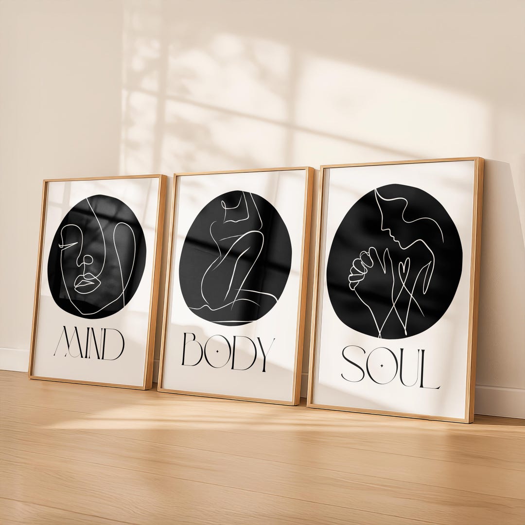 Mind Body Soul Line Art Print Set: Minimalist Black and White (digital ...