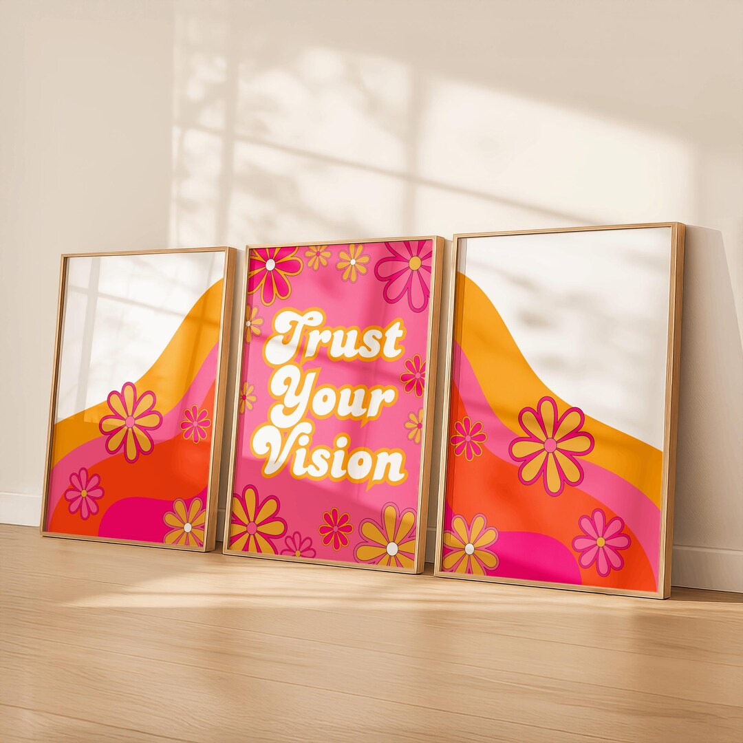 Retro 70s Wall Art Set, Trust Your Vision Print Trio, Groovy Flower ...