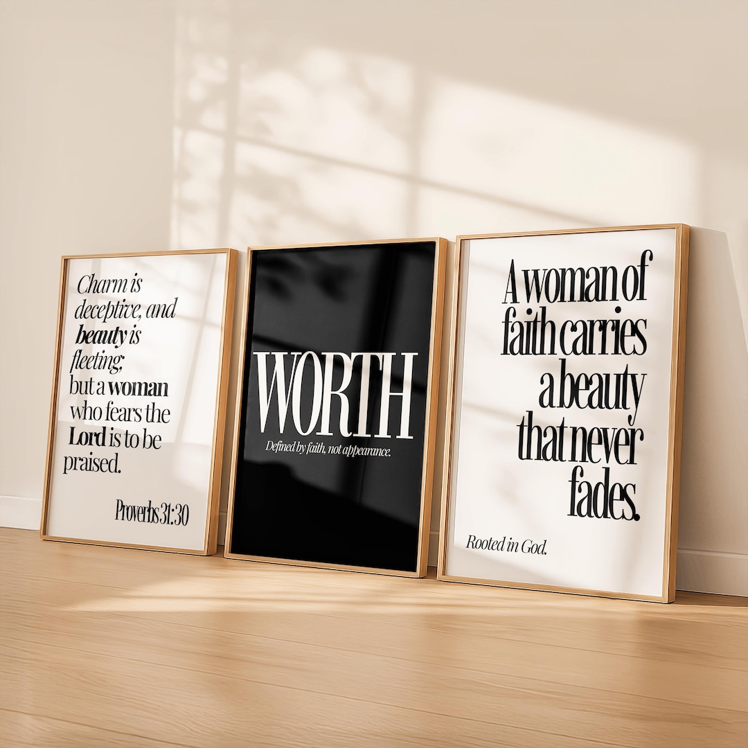 Proverbs 31:30 Christian Wall Art Set of 3, Worth Faith Quote Prints ...