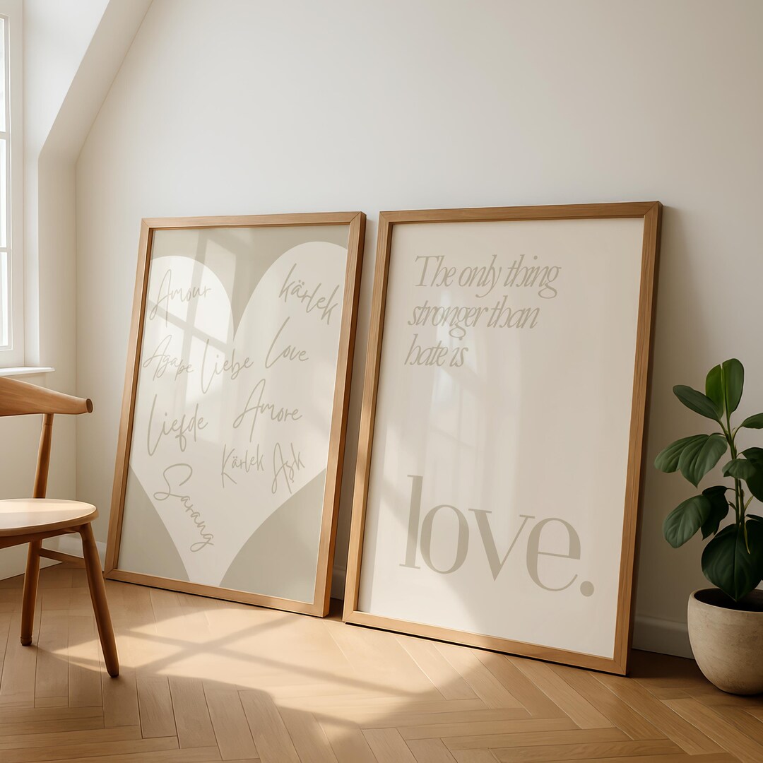 Neutral Love Wall Art Set of 2, Minimalist Typography Prints, Beige ...