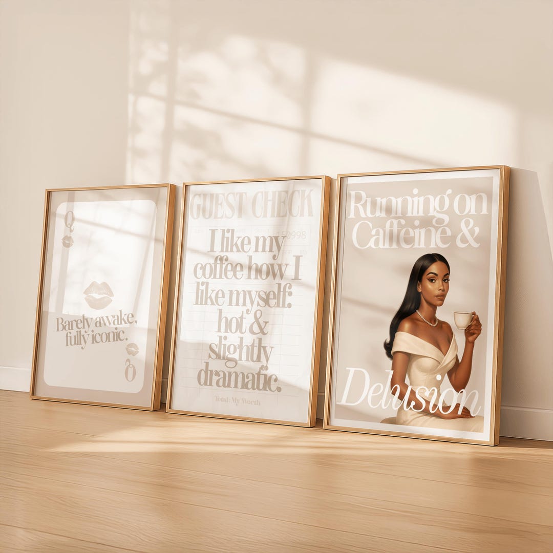 Caffeine & Delusion Print Set | Neutral Wall Art | Coffee Quote Art ...