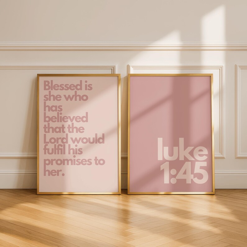 Pink Luke 1:45 Wall Art Duo, Blessed is She Print, Christian Scripture ...