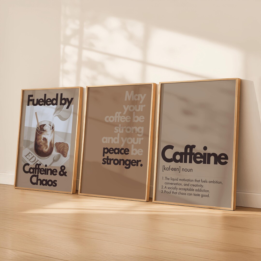 Caffeine & Chaos Coffee Wall Art Set of 3 | Neutral Kitchen Prints ...
