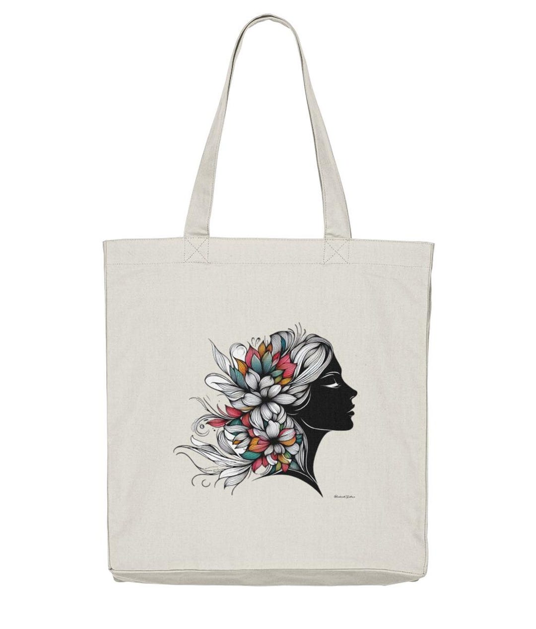 Floral Profile Silhouette Tote Bag | Woman With Flower Hair Artwork - Etsy